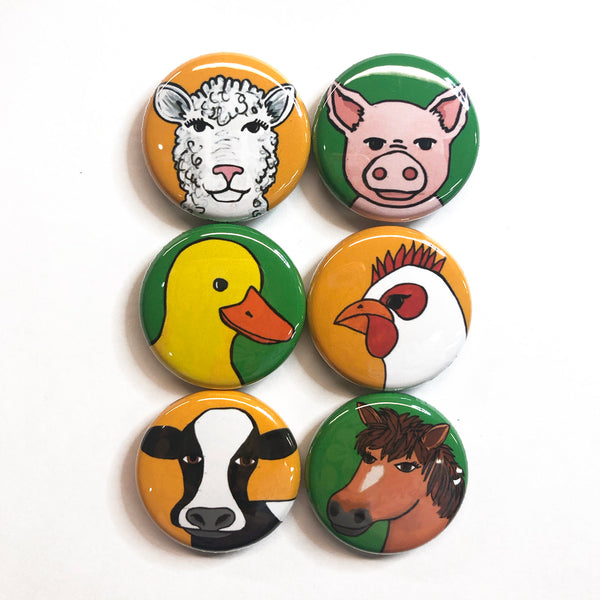 Farm Animal Magnets or Pin Back Buttons - Claudine Intner